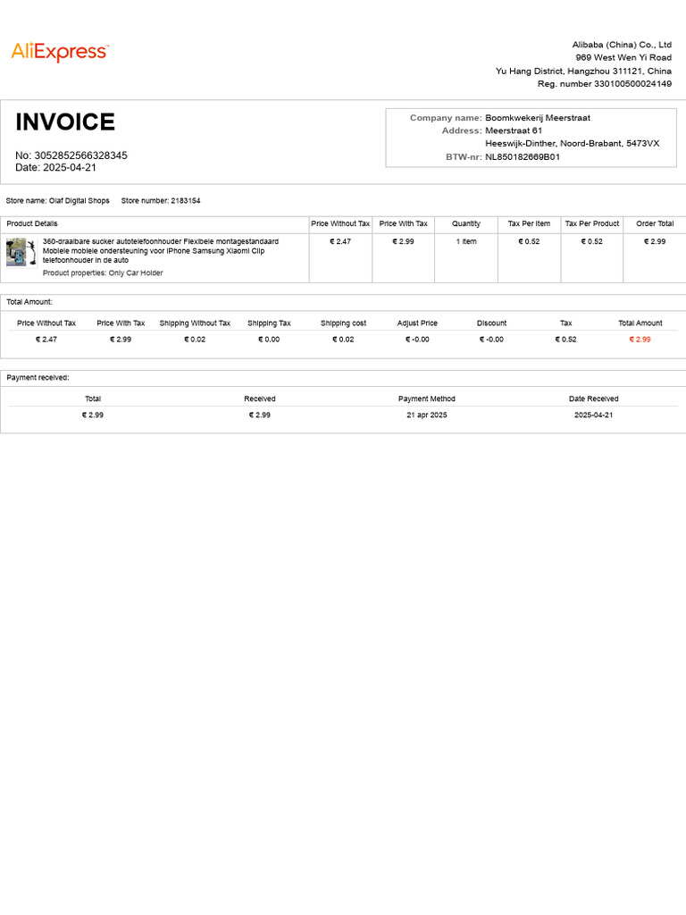 2025-04-21 Invoice No 3052852566328345 | PDF | Financial Economics ...