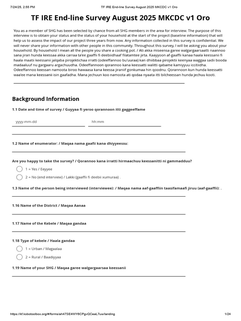 TF IRE End-Line Survey August 2025 MKCDC v1 Oro - KoboToolbox | PDF ...