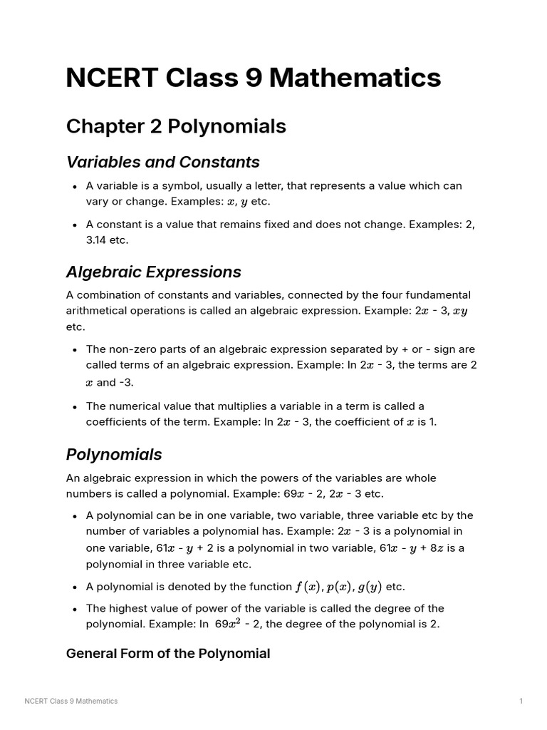 Maths Ch2 Notes Class 9 by Topper CBSE Board | PDF | Polynomial ...
