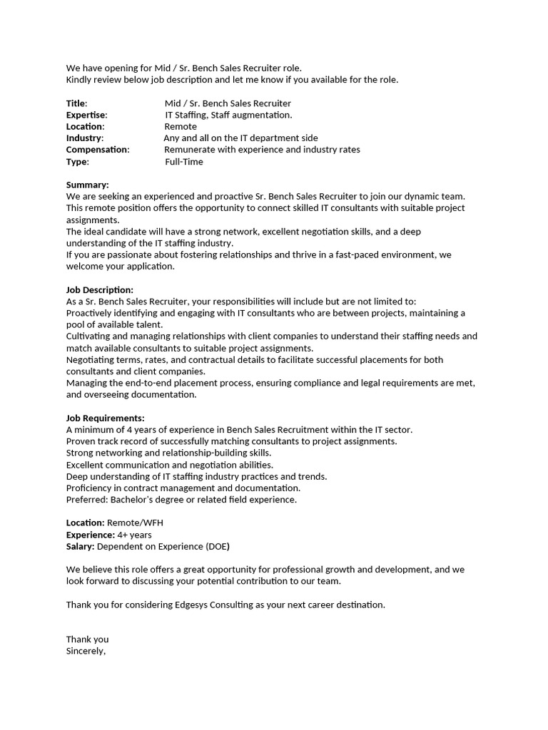 Sr. Bench Sales Recruiter - Job Description | PDF