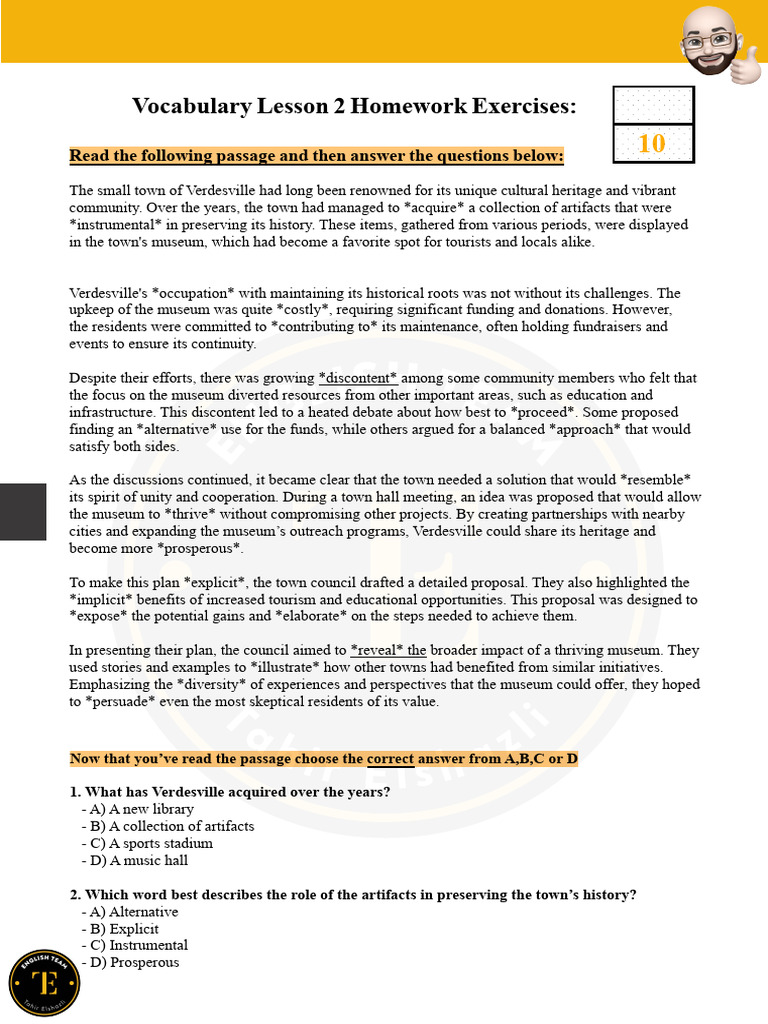 Eleen Omer - Vocabulary Lesson 2 Reading Comprehension H.W | PDF | Museum