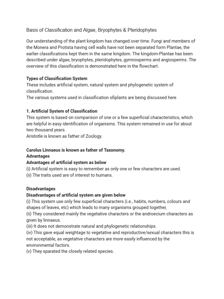 Plant Classification: Algae to Pteridophytes | PDF | Fern | Biology