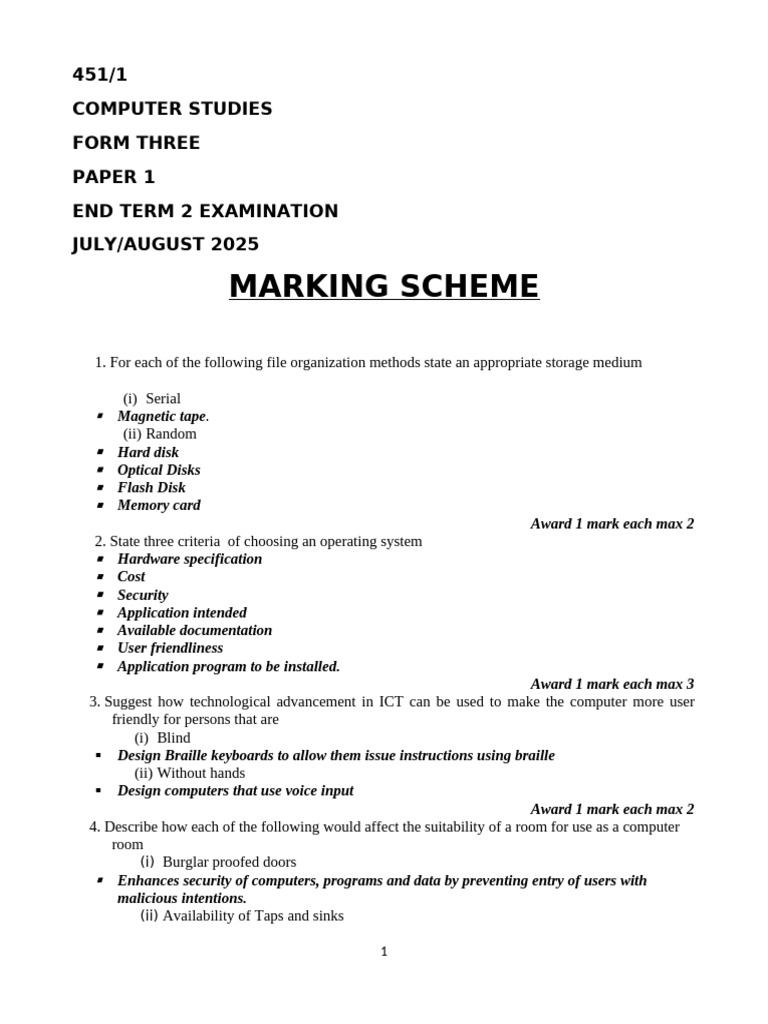Computer Studies Exam Marking Scheme | PDF | Computer Data Storage ...
