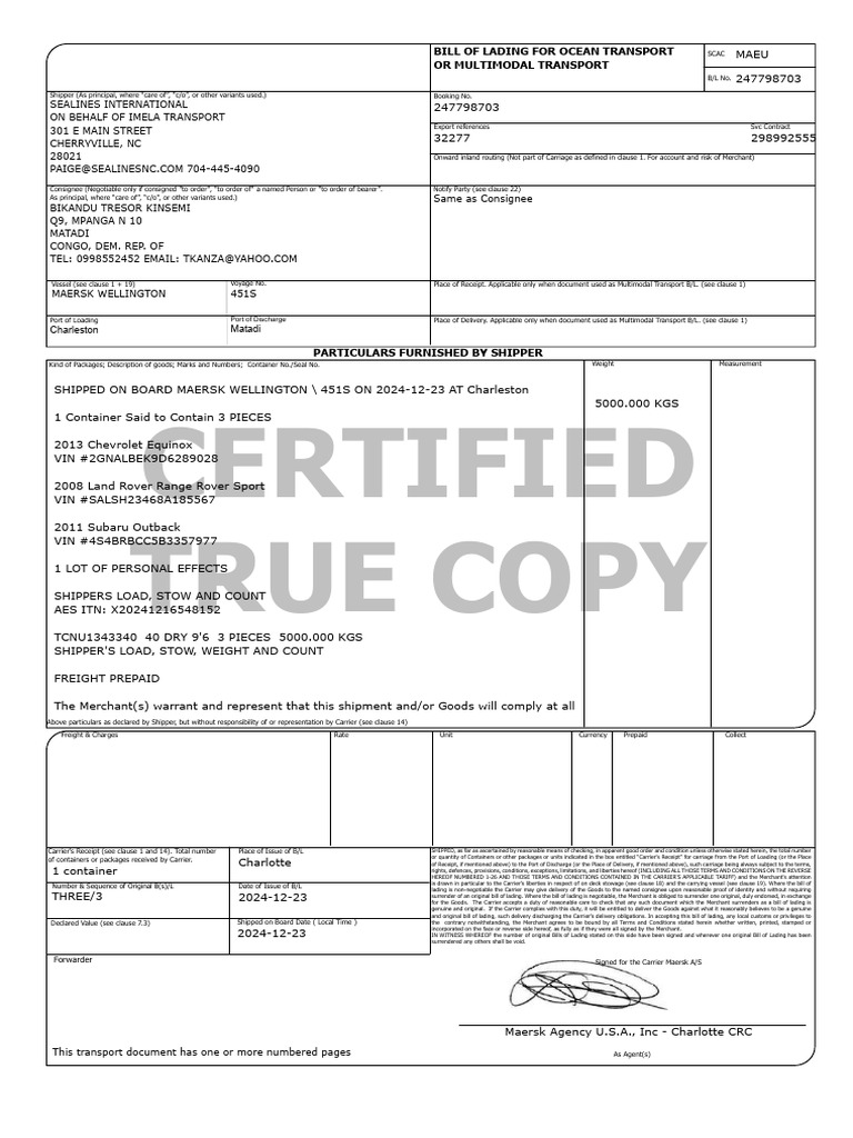 Ocean Bill of Lading for Vehicles | PDF | Bill Of Lading | Cargo