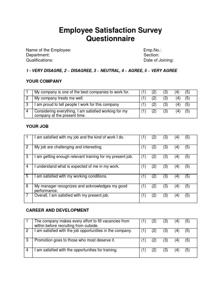 Employee Satisfaction Survey Questionnaire: Your Company | PDF ...