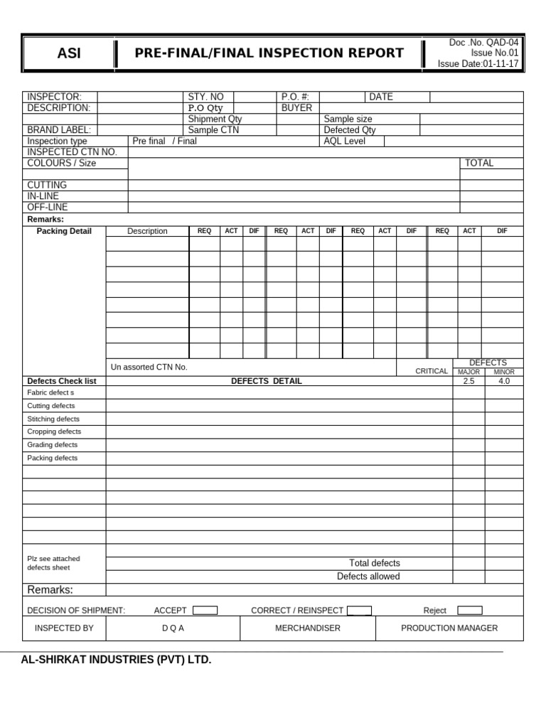 Garment Final Inspection Report Format | PDF