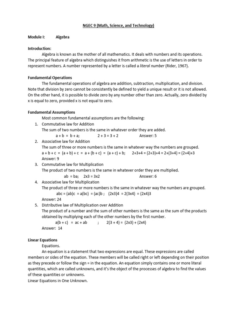 NGEC 9 Module 1 - ALGEBRA 25 PDF | PDF | Equations | Buoyancy