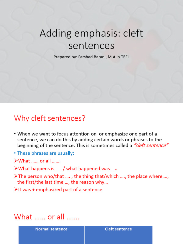 Adding Emphasis, Cleft Sentences | PDF | Syntax | Languages