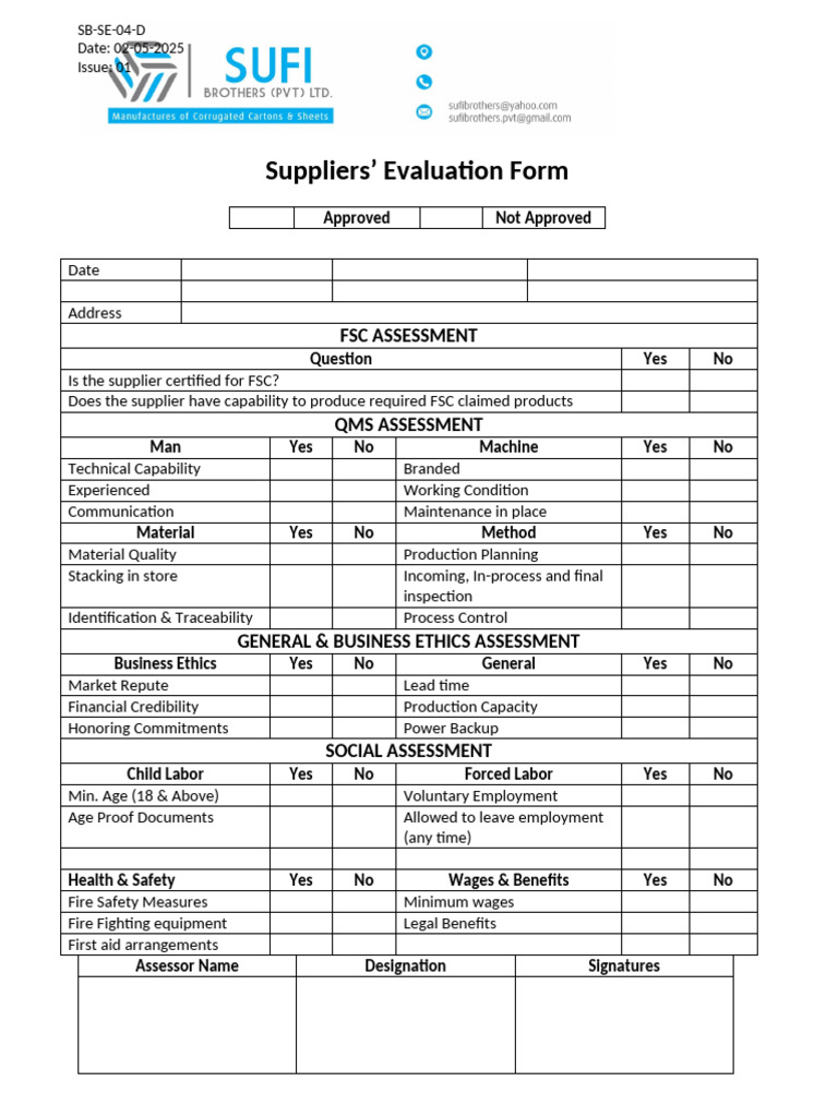 Suppliers Evaluation Form | PDF