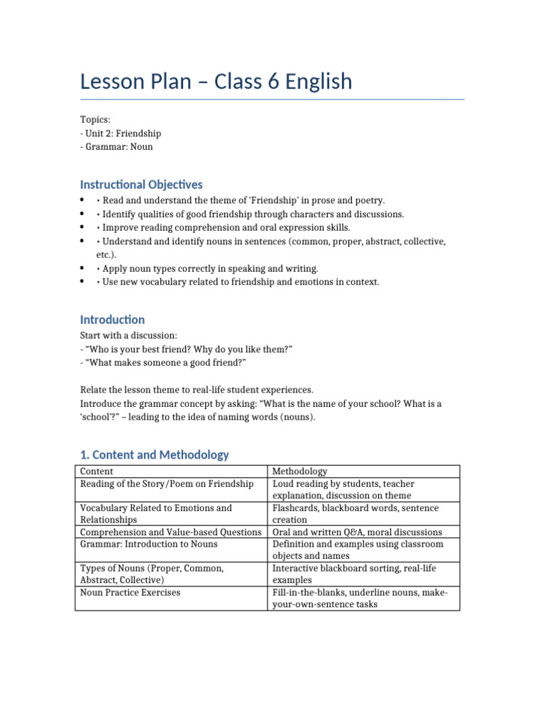 Class 6 English Unit 2: Friendship & Nouns | PDF | Lesson Plan ...