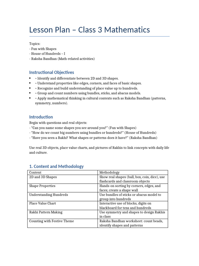 Raksha Bandhan Maths Lesson Plan for Class 3 | PDF | Symmetry | Shape