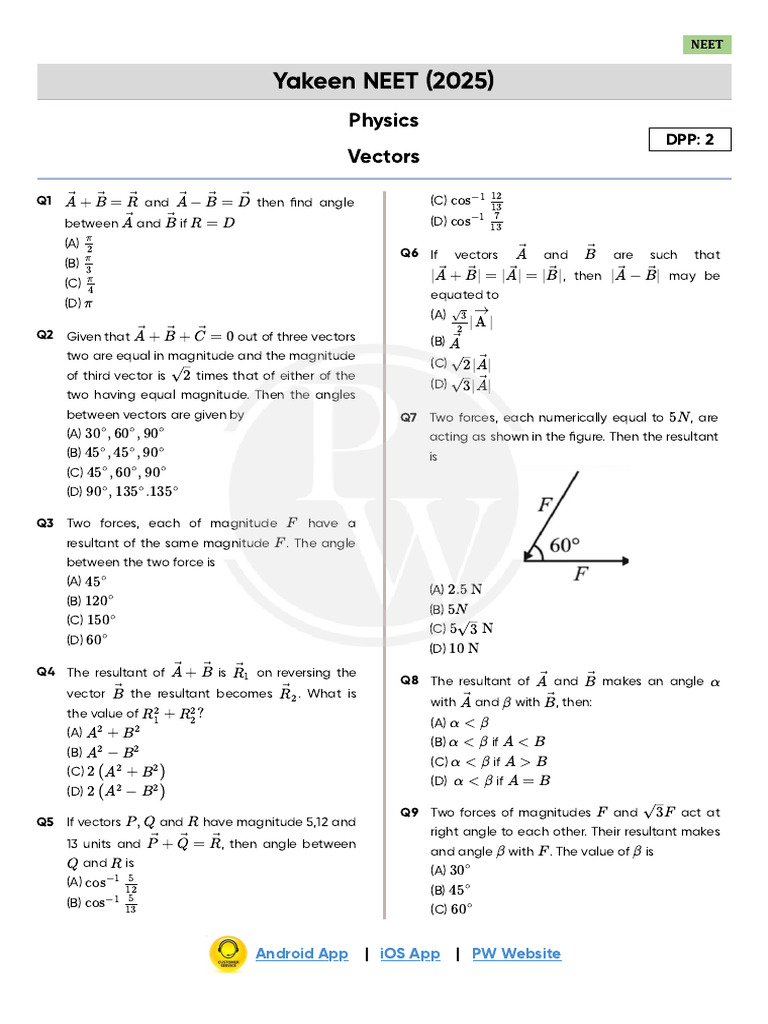 Vector - DPP 02 (Of Lec-03) - Yakeen NEET 2025 PDF | PDF | Physics | Mechanics