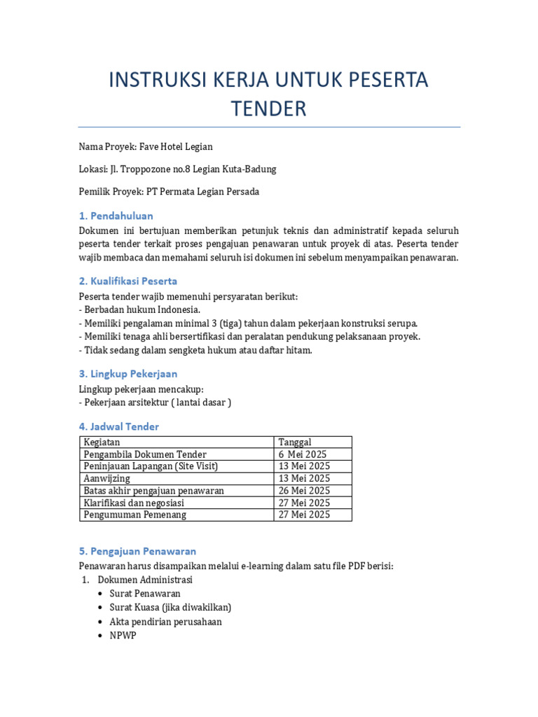 Instruksi Kerja Tender Fave | PDF