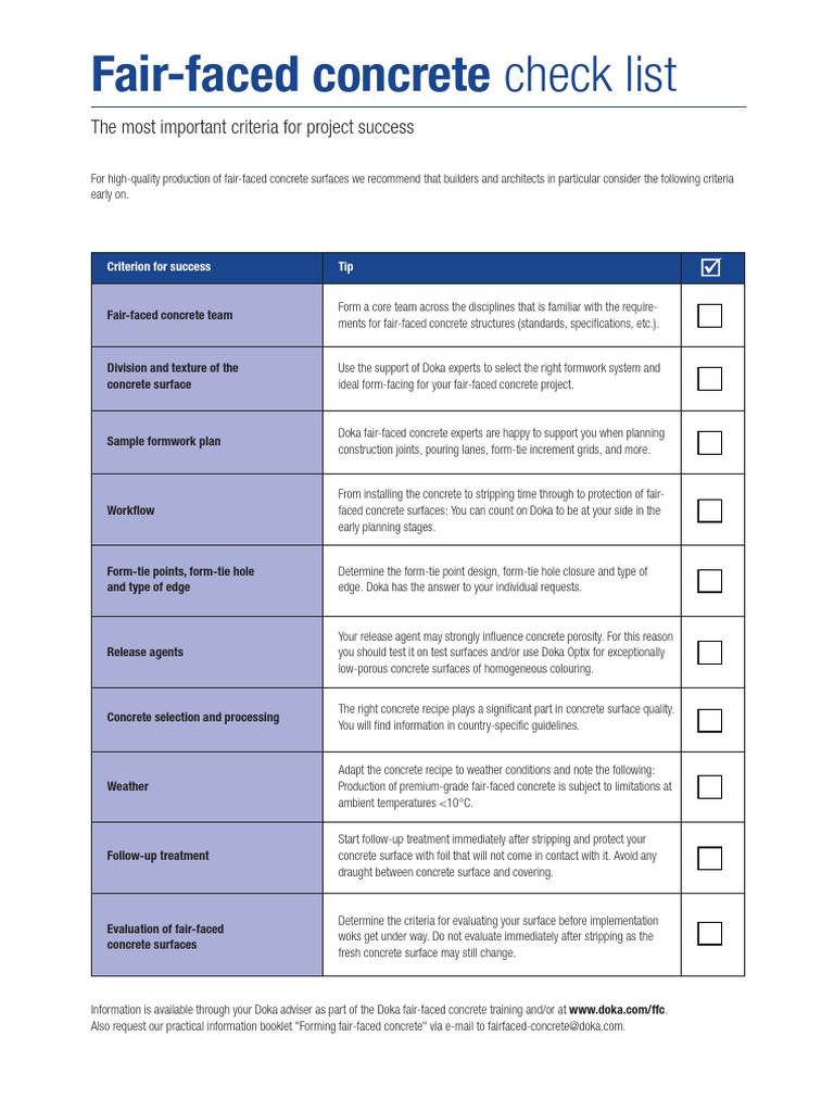 Fair-Faced Concrete Success Checklist | PDF | Concrete | Building Materials