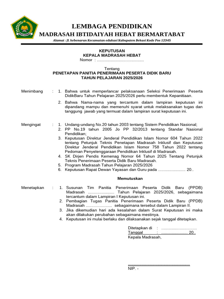 SK Panitia PPDB Madrasah 2025/2026 | PDF