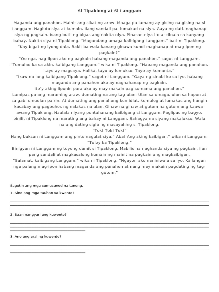 Si Tipaklong at Si Langgam Grade 1 | PDF