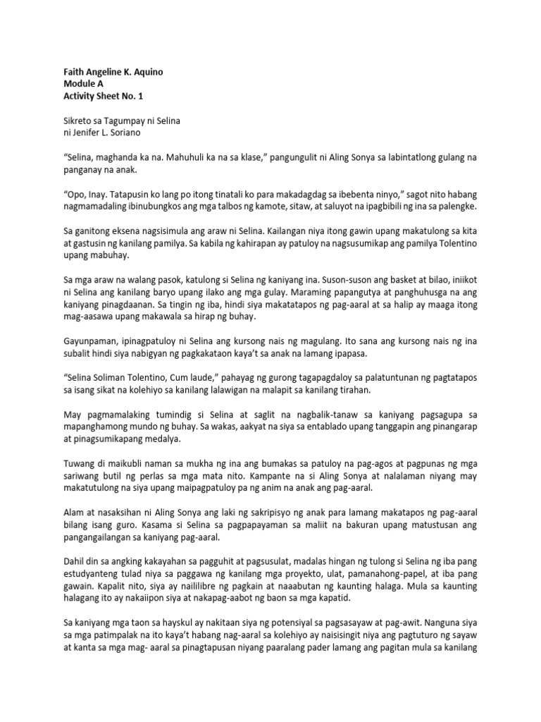 AQUINO_G11-ForD_Module1_Sikreto Sa Tagumpay Ni Selina and Like Me Not ...