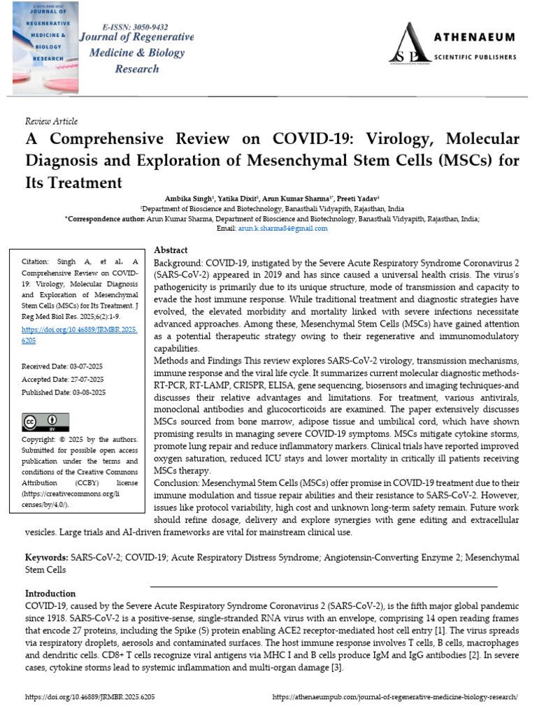 A Comprehensive Review On COVID 19 Virology Molecular Diagnosis and Exploration of Mesenchymal ...