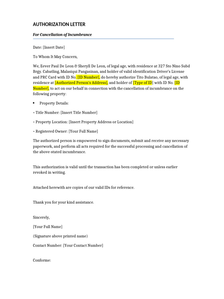 Authorization Letter for Property Cancellation | PDF