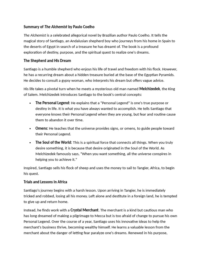 Summary of The Alchemist by Coelho | PDF