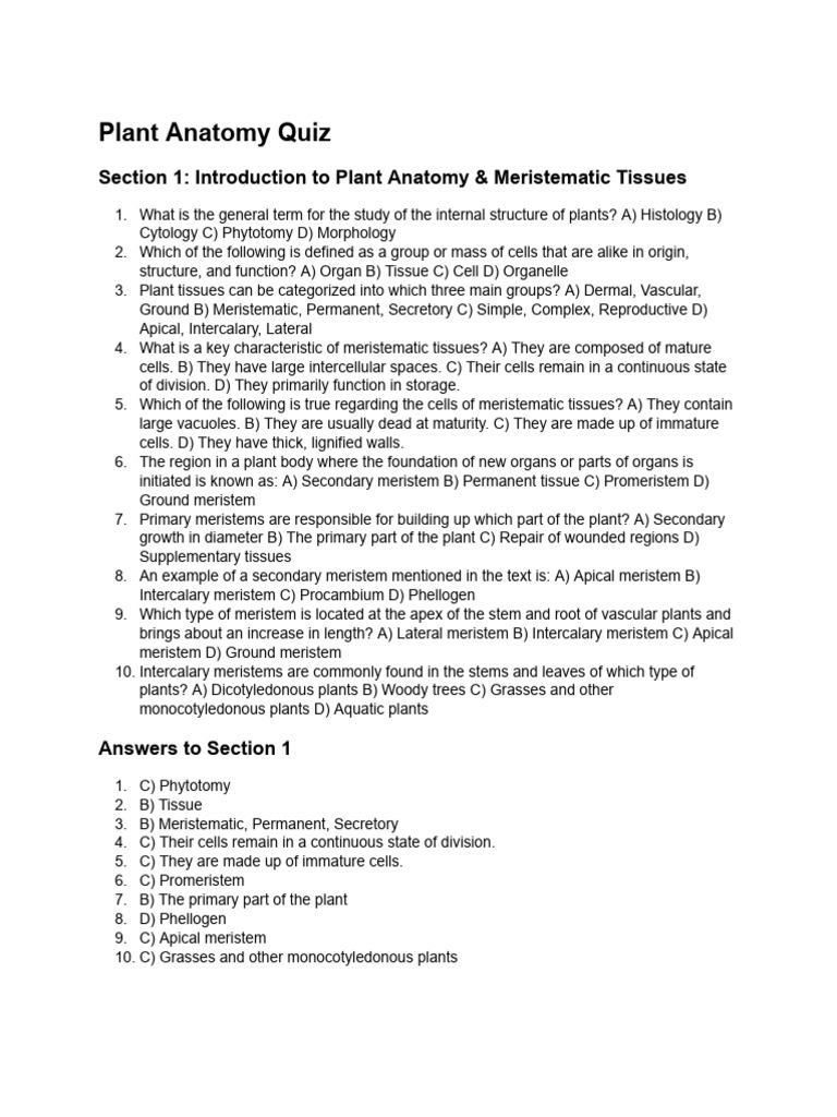 Plant Anatomy Multiple-Choice Questions | PDF | Tissue (Biology ...