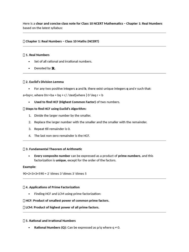 Class 10 NCERT Mathematics – Chapter 1 | PDF | Real Number | Abstract ...