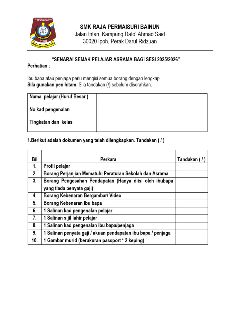 1. Borang Senarai Semak Kemasukan 2025 | PDF