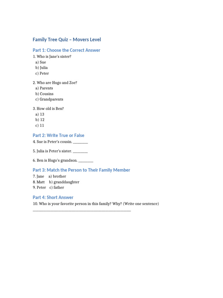 Movers Family Tree Quiz | PDF