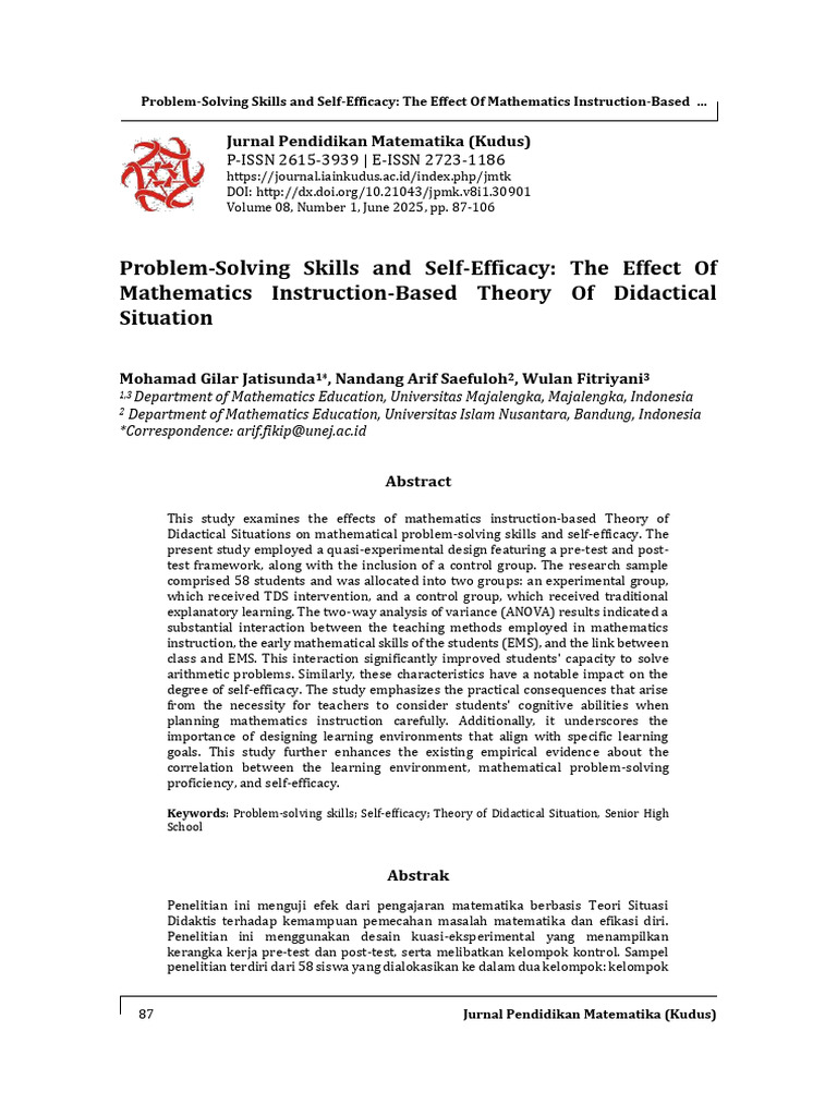 Problem-Solving Skills and Self-Efficacy The Effect of Mathematics Instruction-Based Theory of ...