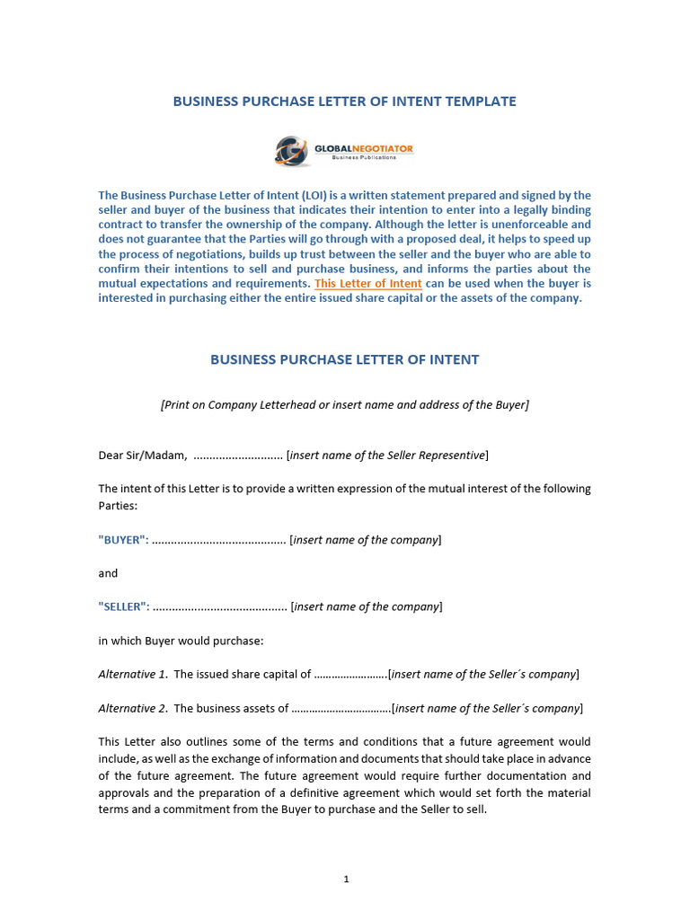 Business Purchase Letter of Intent Template | PDF | Sales | Franchising