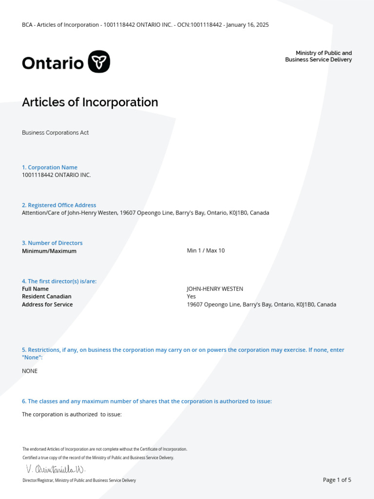 Sample Articles of Incorporation Ontario | PDF | Liquidation | Dividend