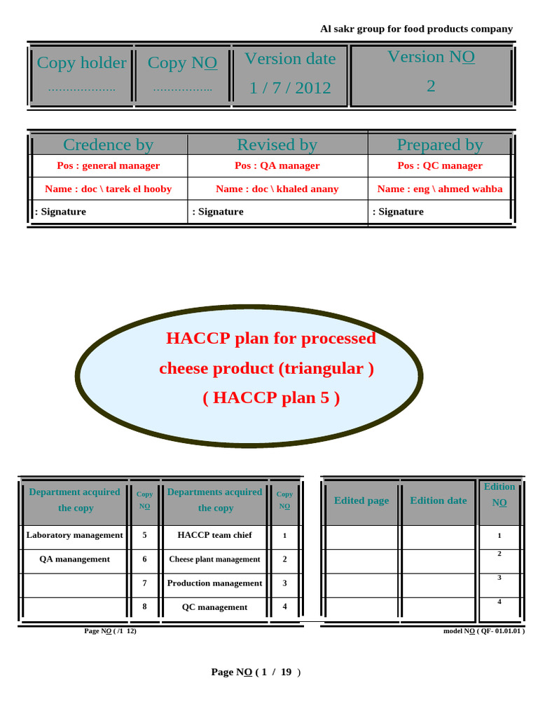 HACCP Plan for Processed Cheese Production | PDF | Milk | Verification ...