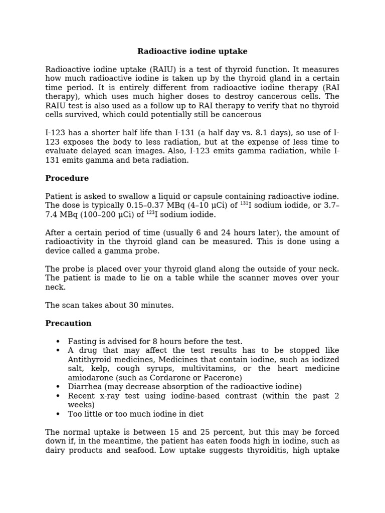 Radioactive Iodine Uptake Test Overview | PDF | Hyperthyroidism | Thyroid
