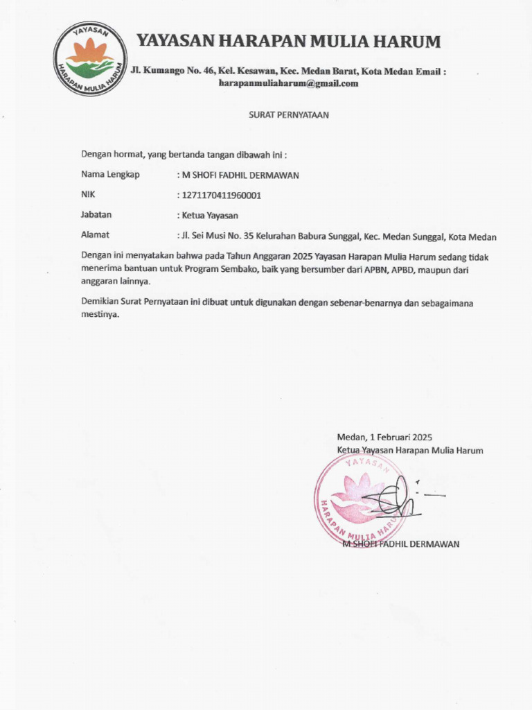 Scan Surat Keterangan Yayasan Mulia Harum | PDF