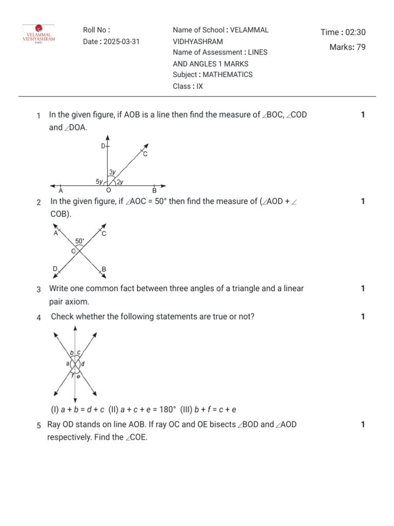 Geometry Assessment: Angles and Lines | PDF | Elementary Geometry ...