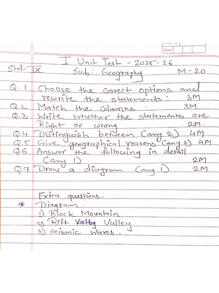Std. IX Geography Model Paper and Extra Questions. | PDF