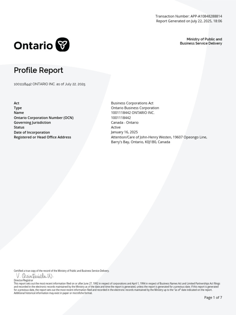 Ontario Corp Profile Report | PDF | Business Law | Corporations