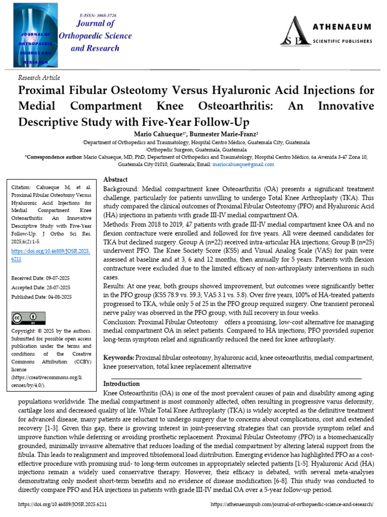 Proximal Fibular Osteotomy Versus Hyaluronic Acid Injections For Medial ...