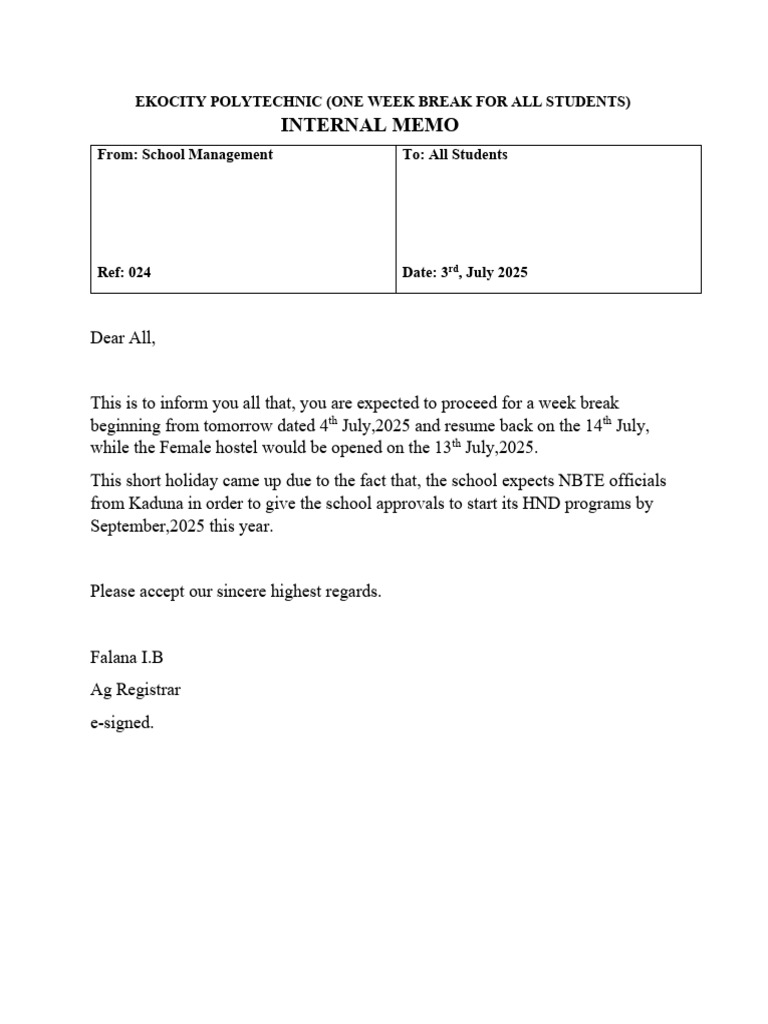 Internal Memo - A Week Break For All Students | PDF
