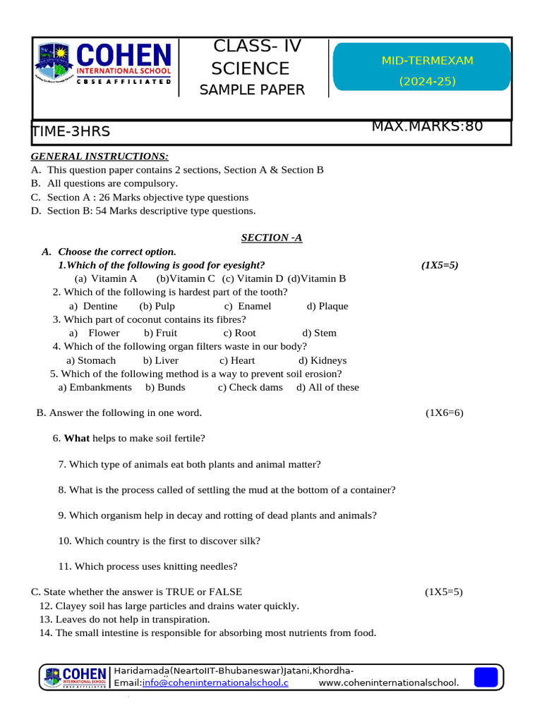 Class IV Science Mid-Term Exam Paper | PDF | Soil | Leaf