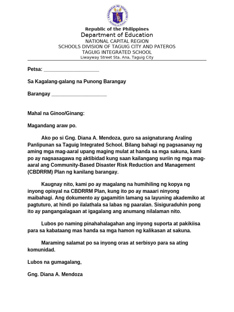 Letter To Barangay and CBDRRM Template | PDF