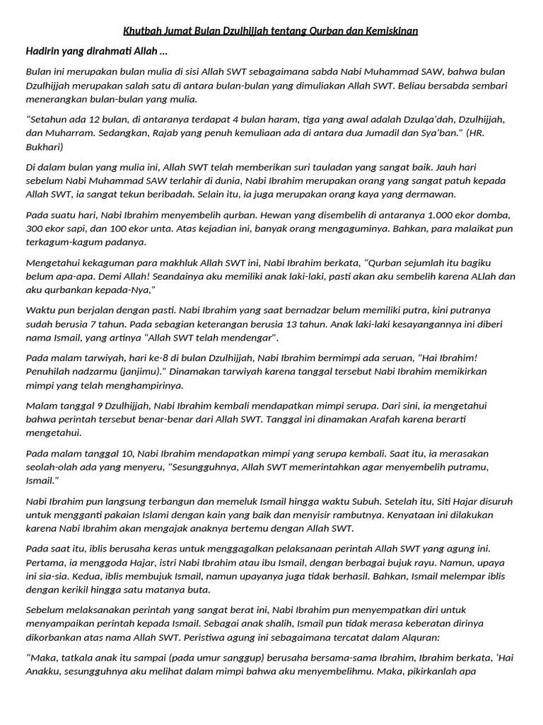 Khutbah Jumat Bulan Dzulhijjah Tentang Qurban Dan Kemiskinan | PDF