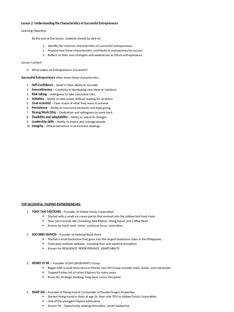 Lesson 2 & Lesson 3 of Entrepreneurial Mind Characteristics and ...