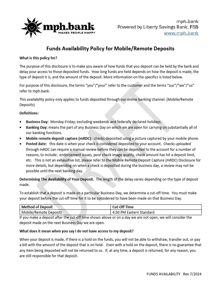 Mobile Deposit Funds Availability Policy | PDF | Banks | Deposit Account