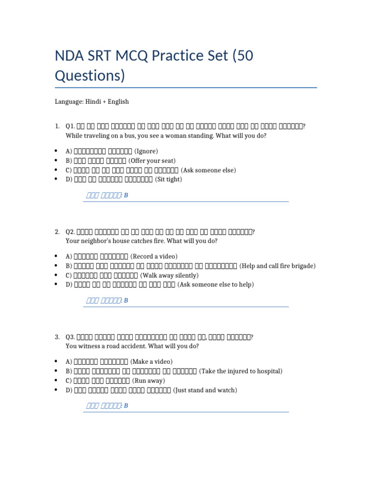 NDA SRT MCQ Questions Hindi English | PDF