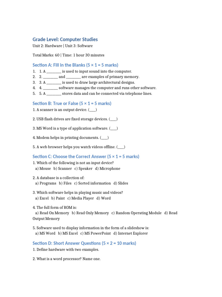 Computer Studies: Hardware & Software Exam | PDF