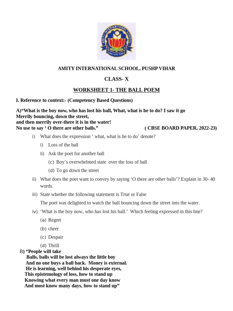 The Ball Poem Worksheet | PDF
