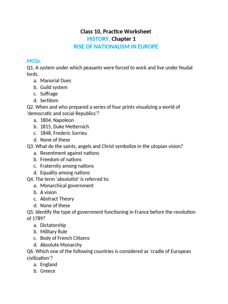 Class 10 History: Nationalism MCQs | PDF | Nationalism | Conservatism
