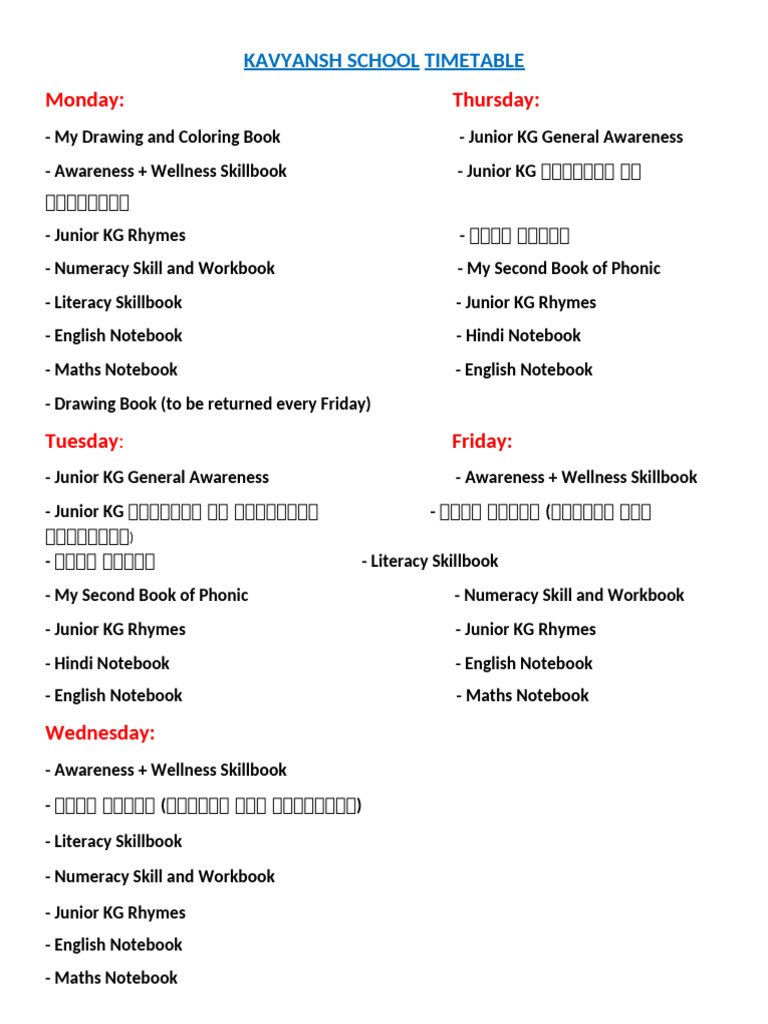 Kavyansh School Timetable | PDF
