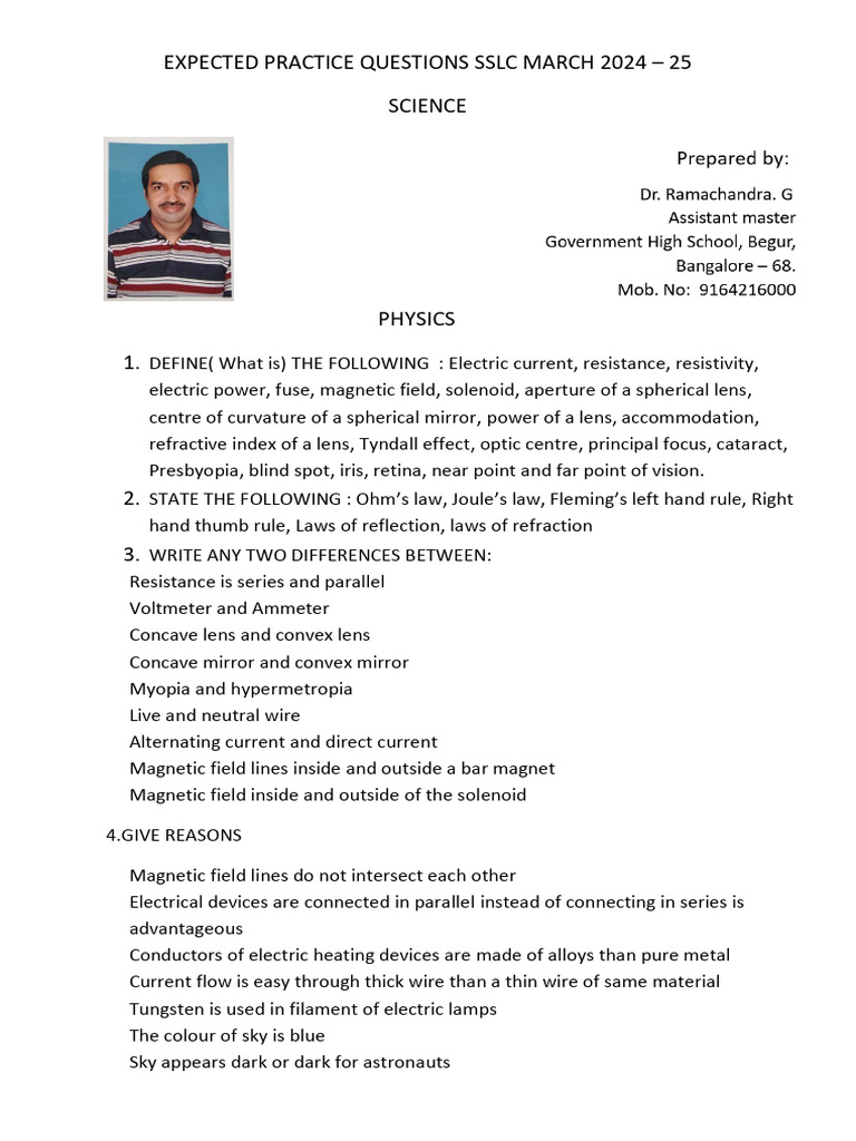 SSLC March 2024 Science Practice Questions | PDF | Mirror | Electric ...